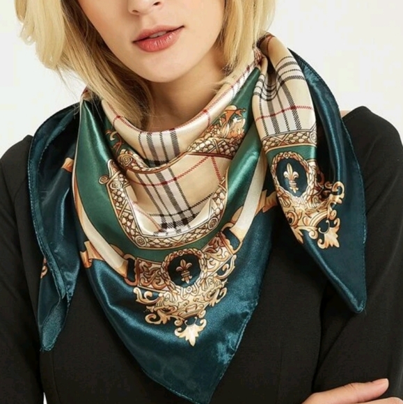 Boutique | Accessories | Green Plaid Satin Elegant Silky Square Hair ...